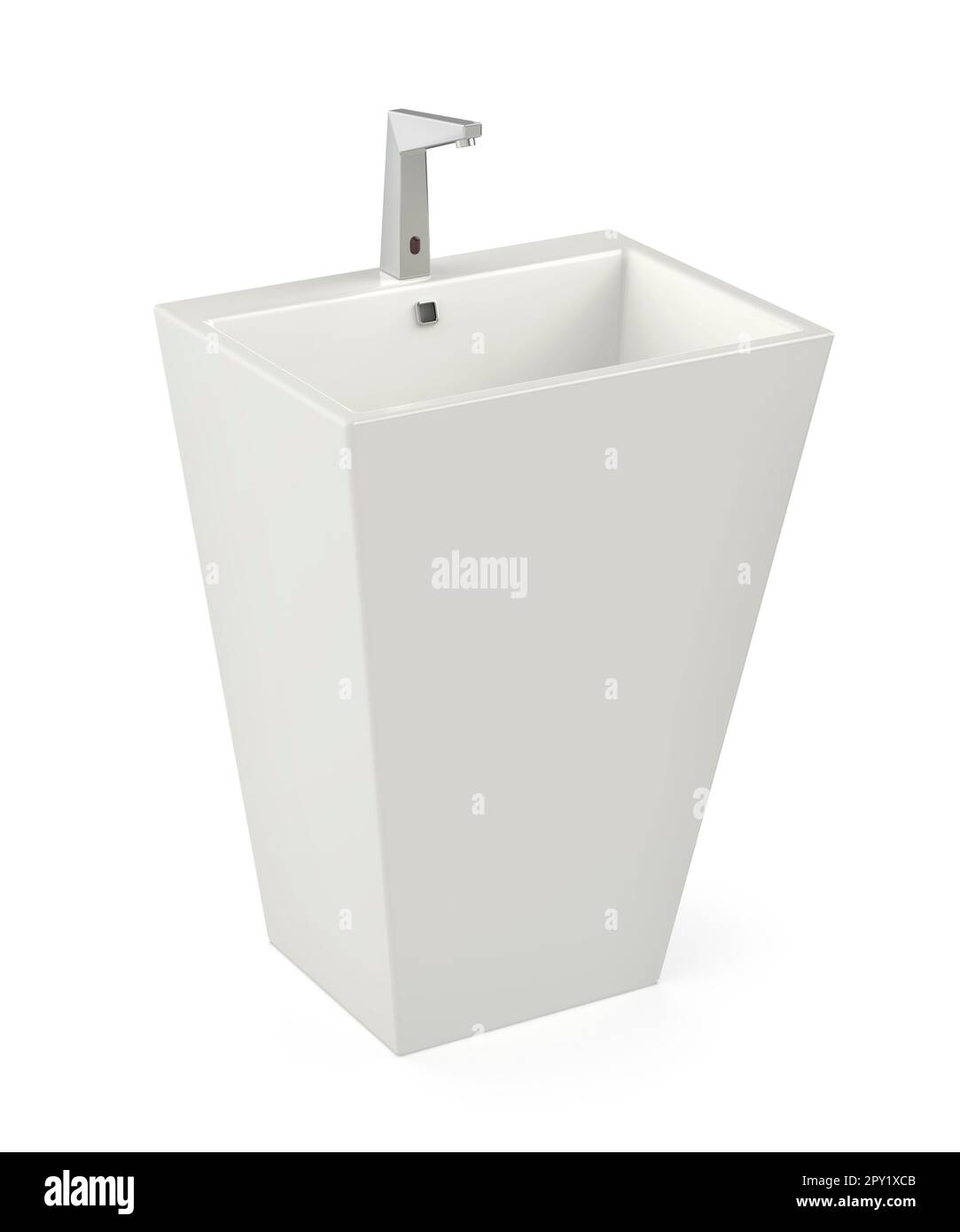 Ceramic pedestal wash basin with sensor faucet on white background ...