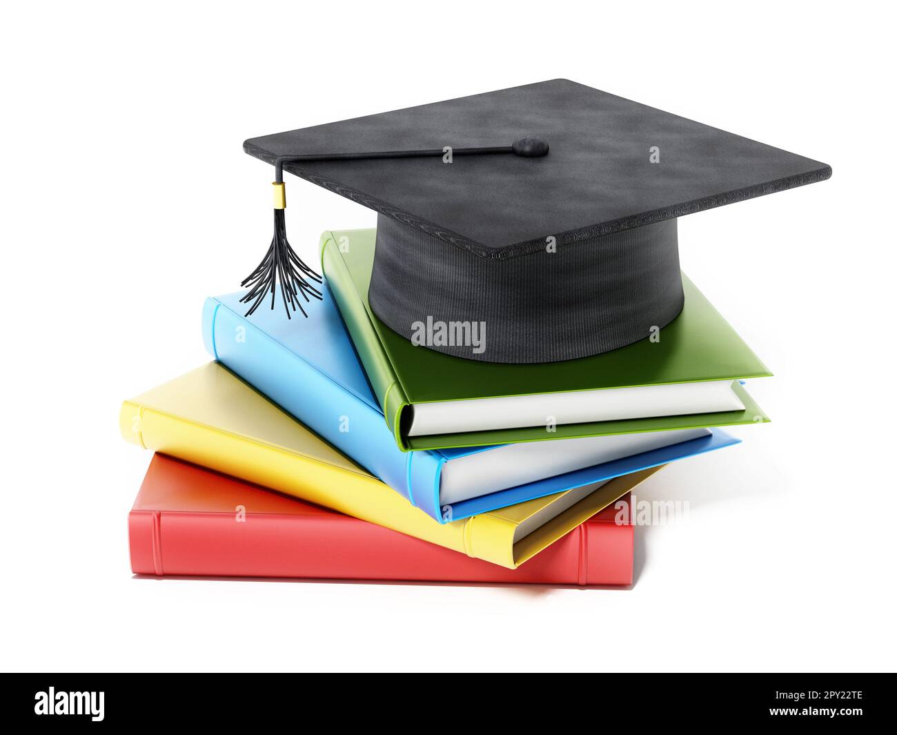 Mortarboard standing on book stack. 3D illustration Stock Photo - Alamy