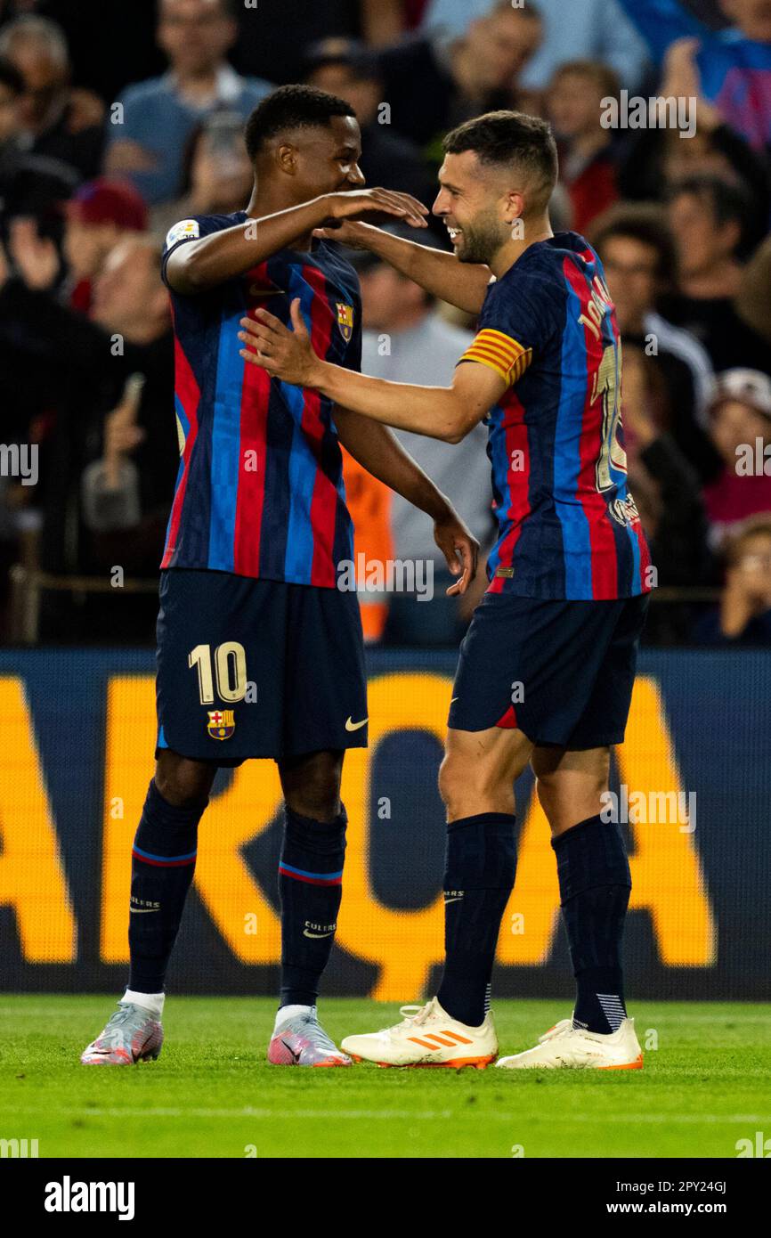 Barcelona, Spain. 2nd May, 2023. Jordi Alba (FC Barcelona) celebrates ...
