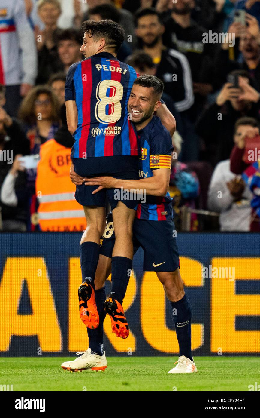 Barcelona, Spain. 2nd May, 2023. Jordi Alba (FC Barcelona) celebrates ...