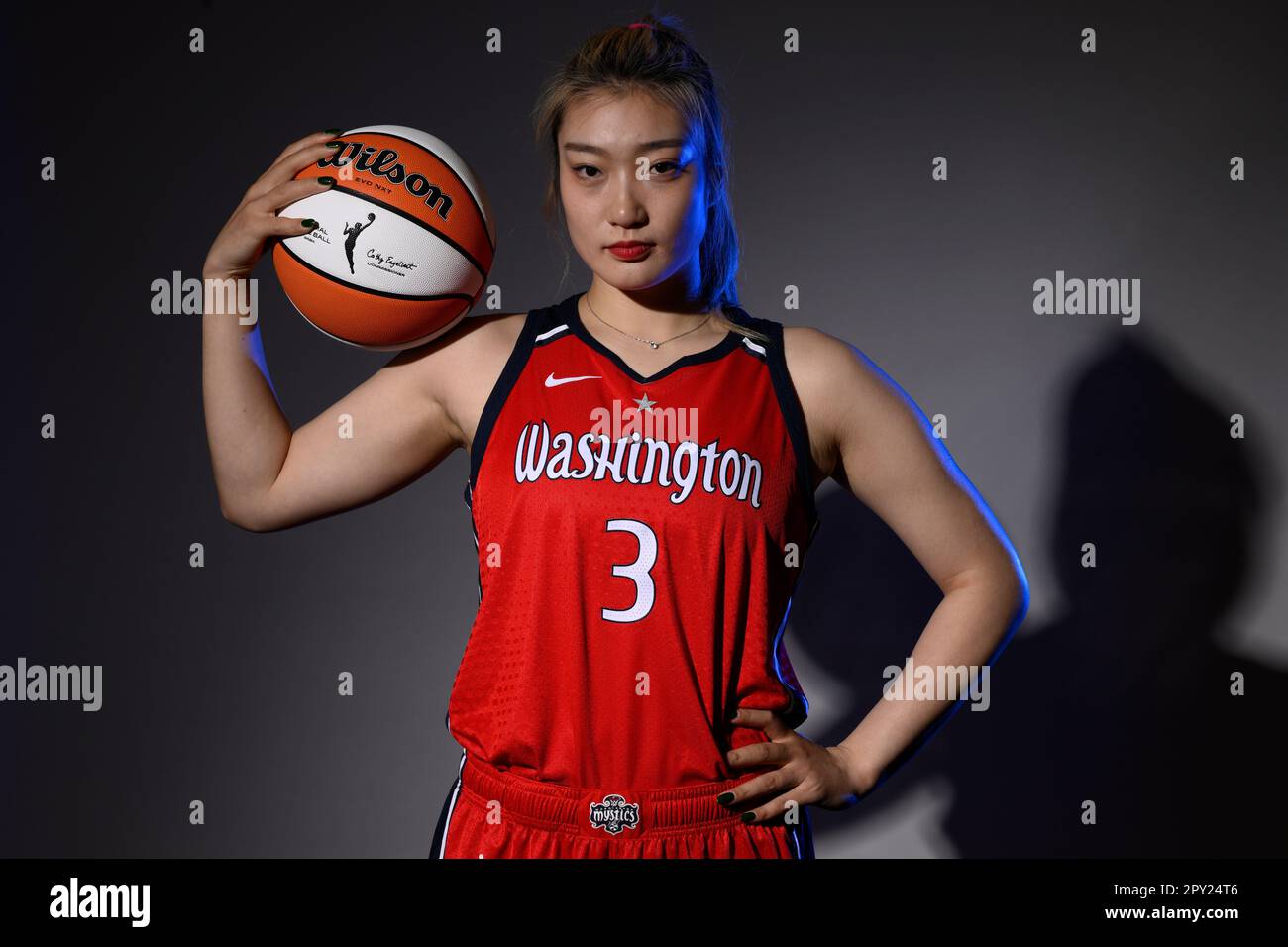 Washington Mystics guard Li Meng (3) poses for a photograph during an WNBA basketball media day ...
