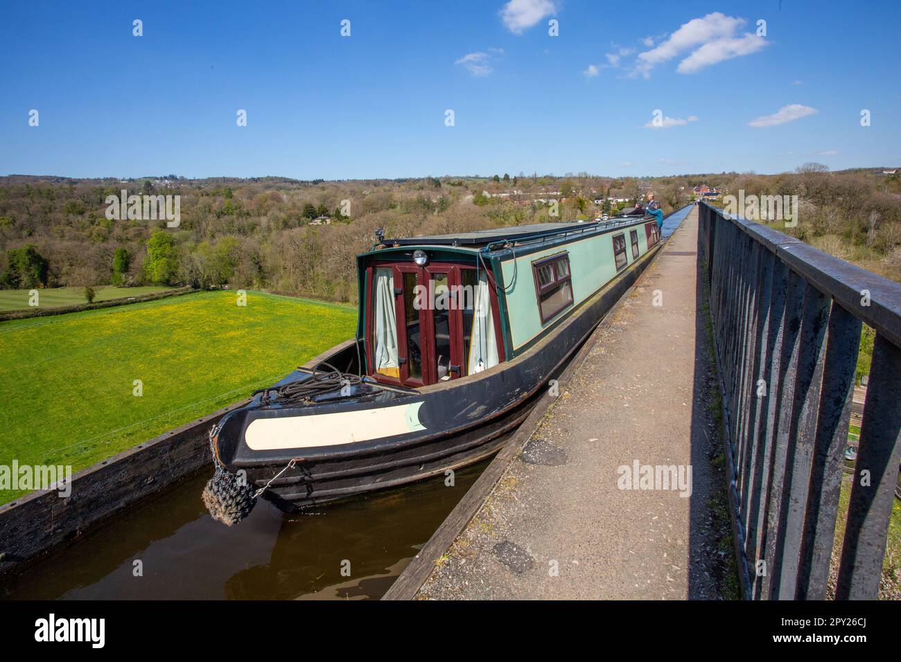 Canal narrowboat crossing 38 meters above the river Dee on the ...