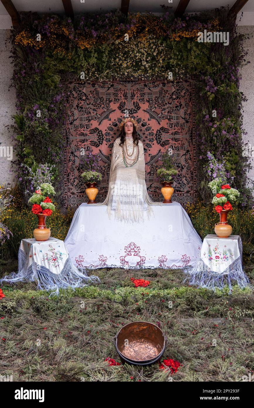 A Maya girl is seen seated at an altar during the traditional ...