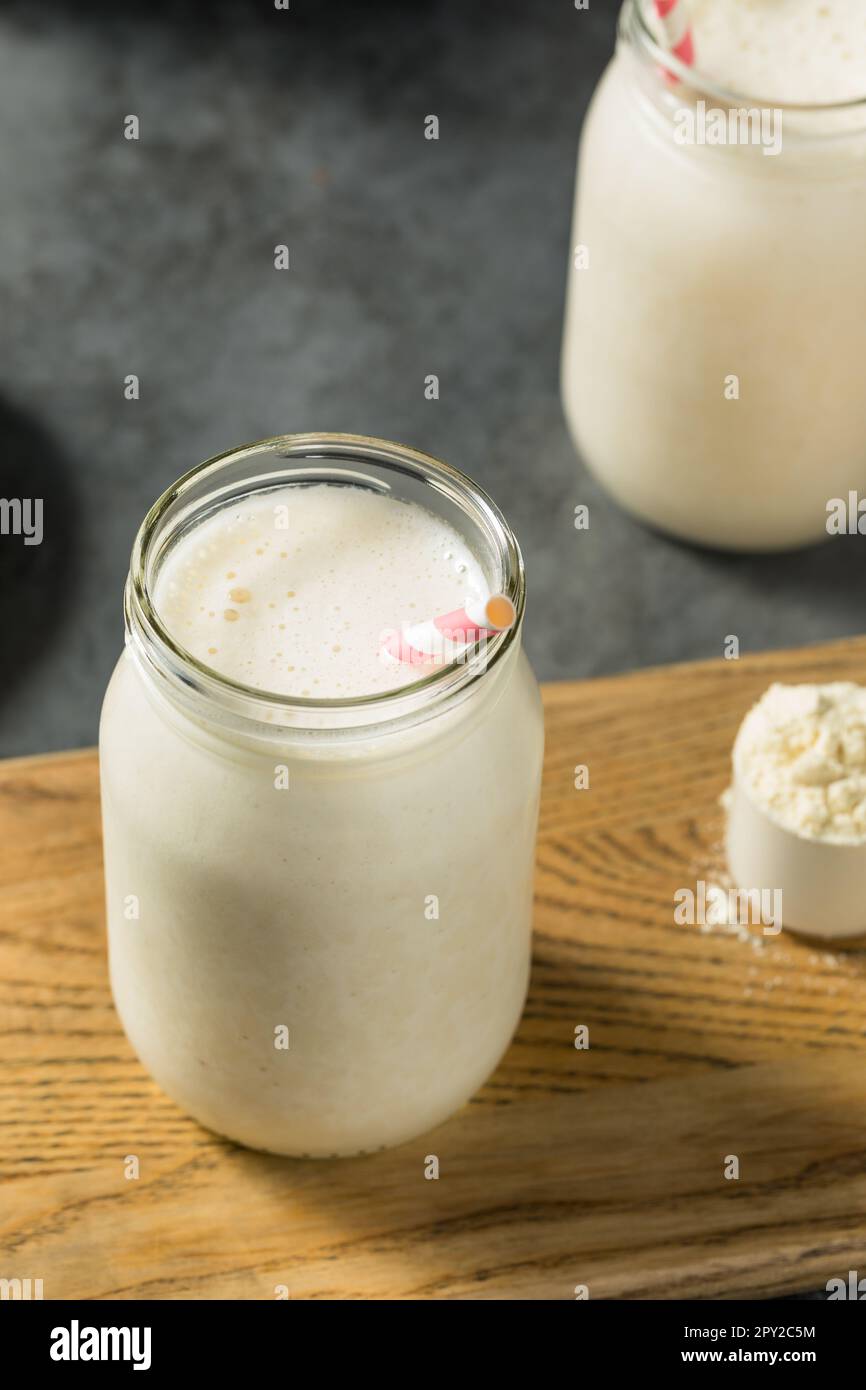 Cold Frozen Vanilla Whey Protein Shake for Breakfast Stock Photo - Alamy