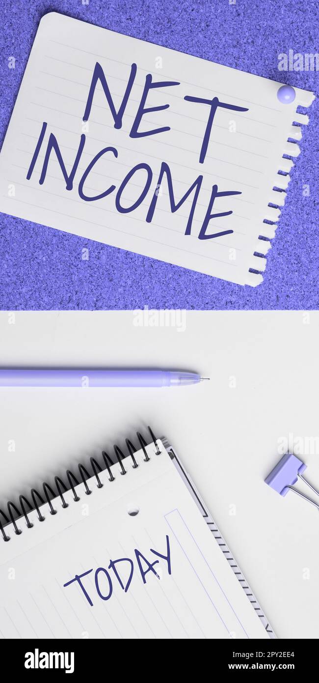 Hand writing sign Net Income, Conceptual photo the gross income ...