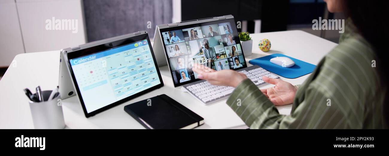 Telecommuting On Desktop Office Computer. Video Telework Banner Stock ...