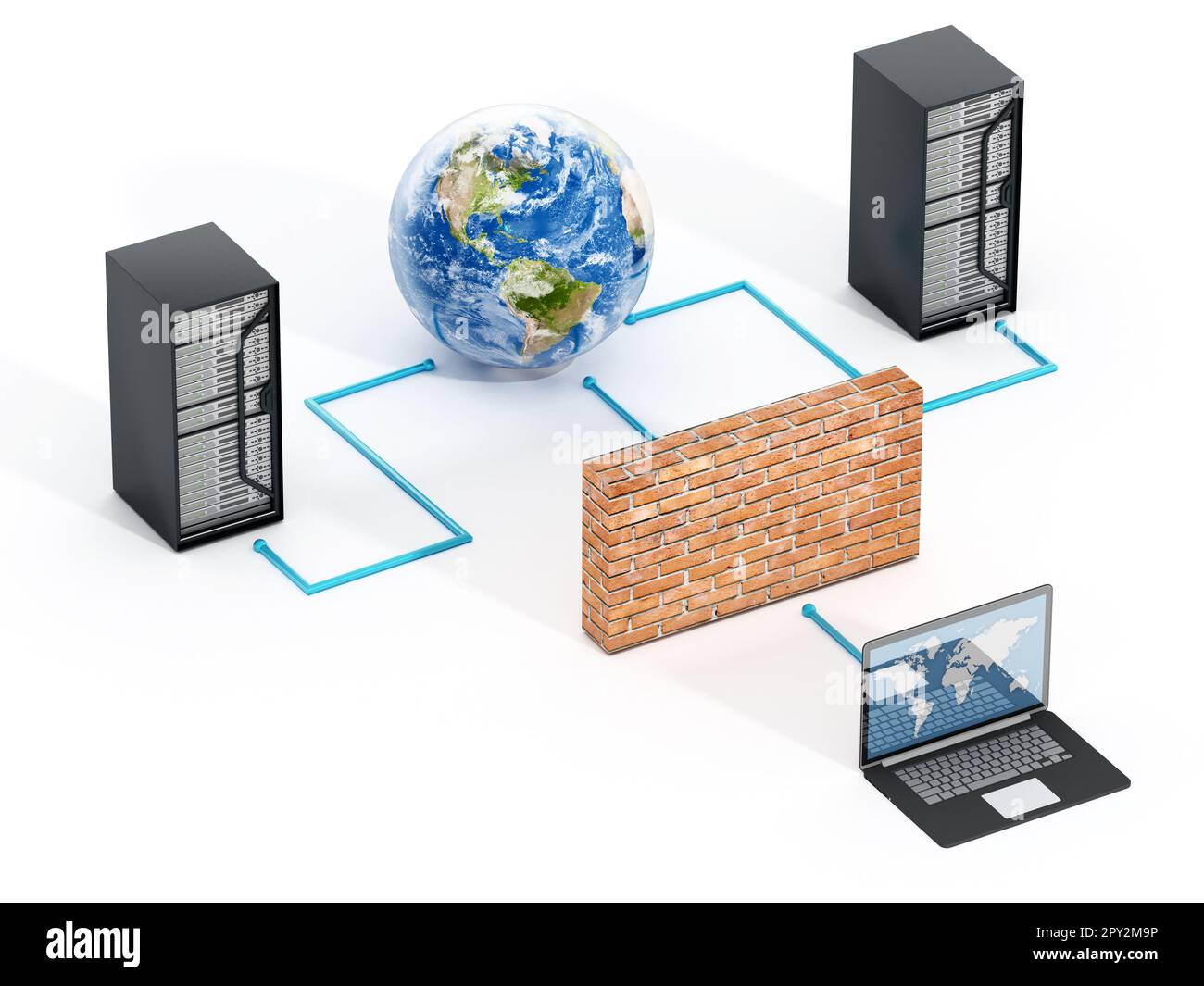 Network security concept with a brick wall in front of laptop computer ...