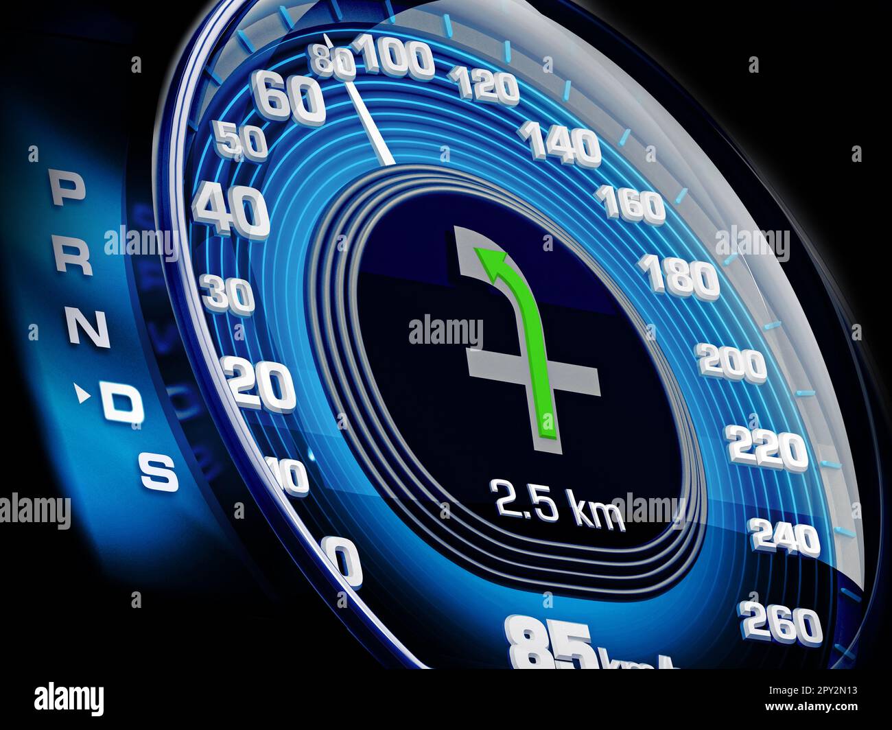 Modern speedometer of a car with navigation screen. 3D illustration ...