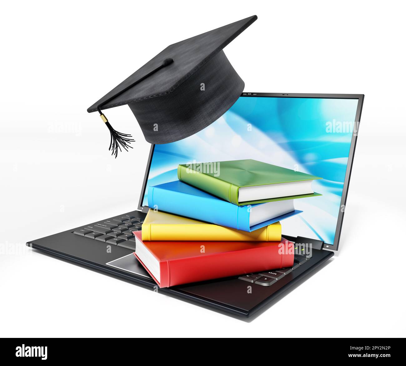 Book stack and graduation cap on laptop computer isolated on white ...
