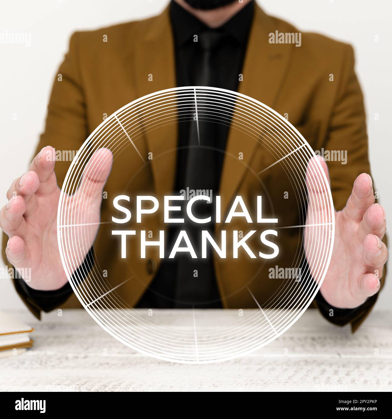 Text caption presenting Special Thanks, Business overview expression of ...