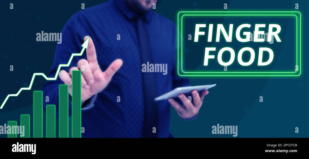 Text caption presenting Finger Food, Word Written on products and ...