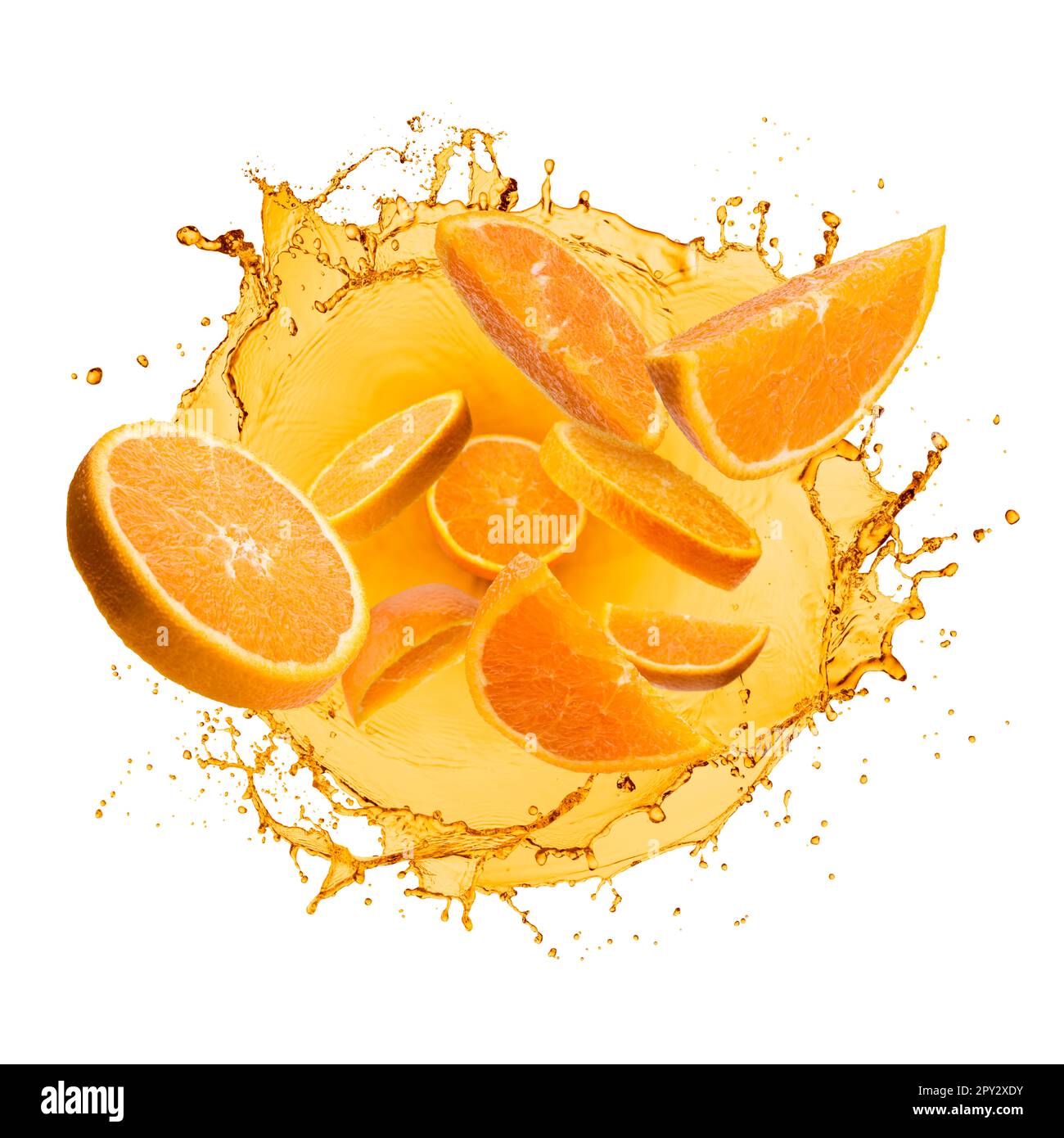 Orange slices jumping out of splashing orange juice, isolated on white ...