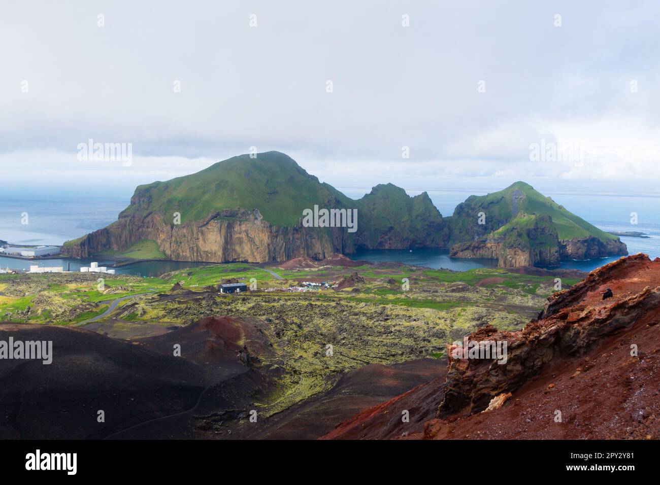 Heimaey town aerial view from Eldfell volcano. Iceland landscape ...
