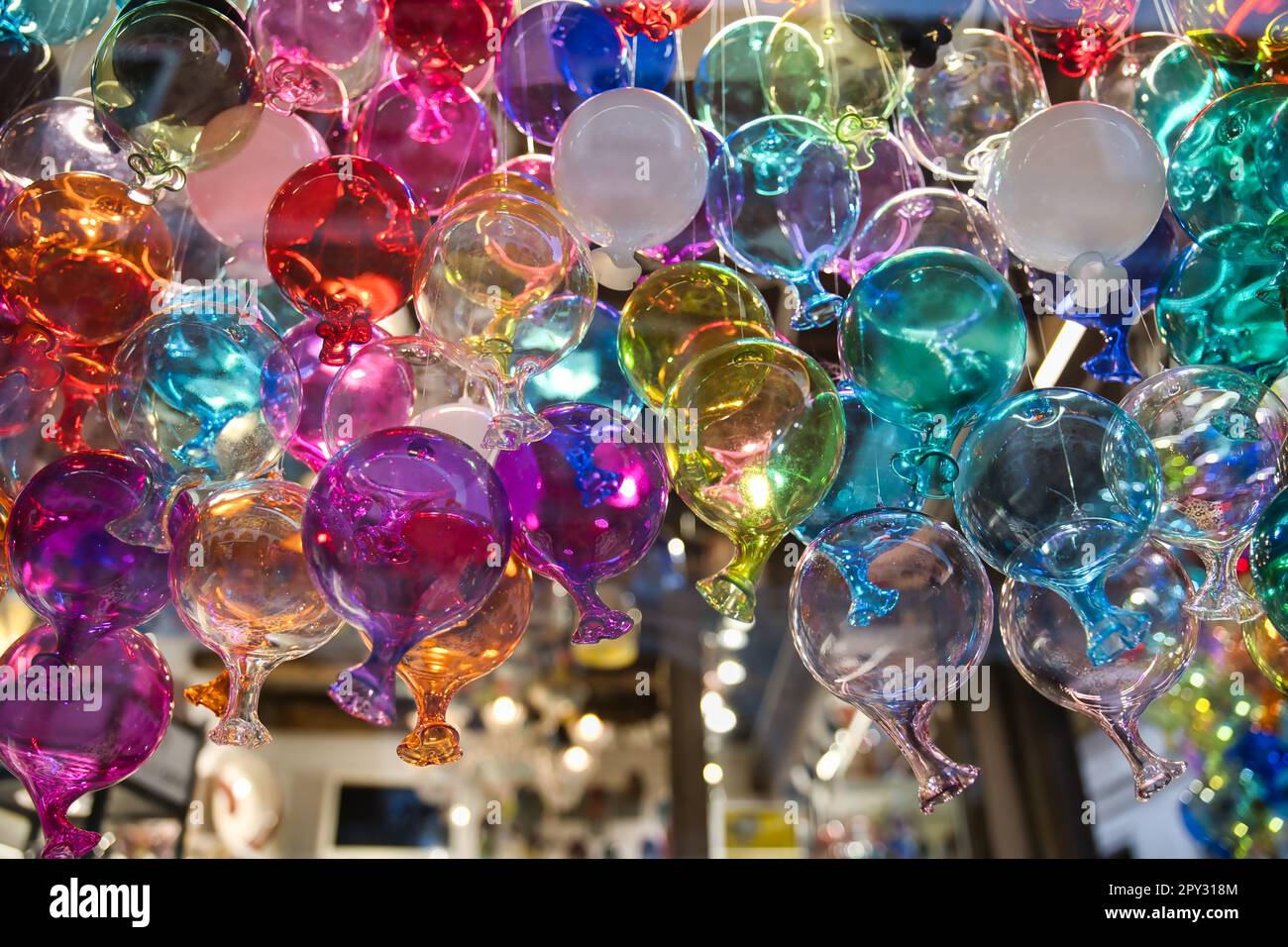 Close up of group of balloons made of glass in a souvenirs shop in ...