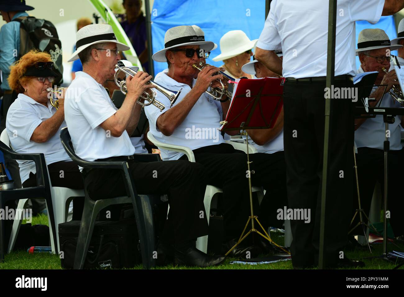 Auckland, New Zealand - Mar 2023. A music wind band performing in a ...