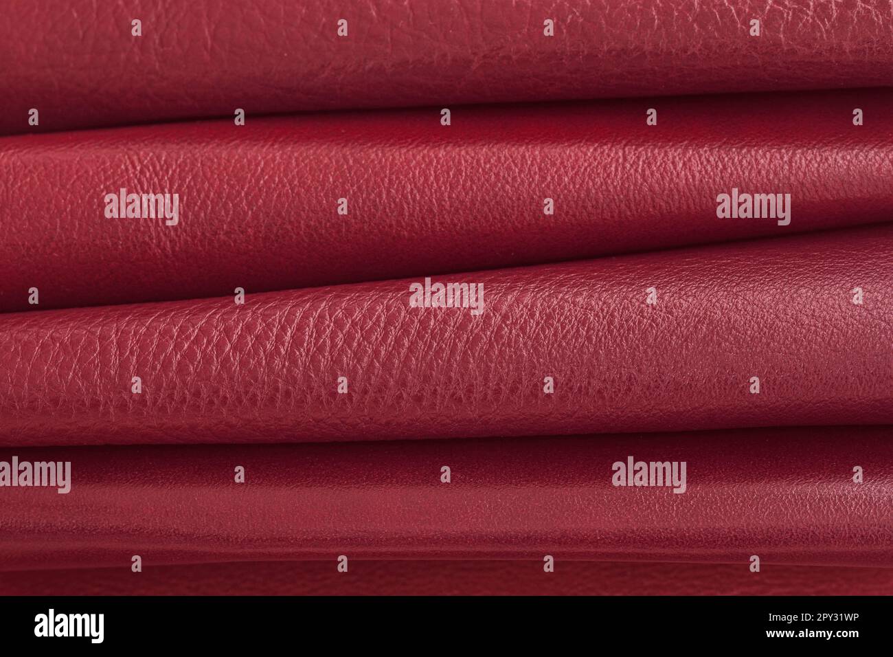 Rolled colorful dark red leather samples, fashion industry concept ...