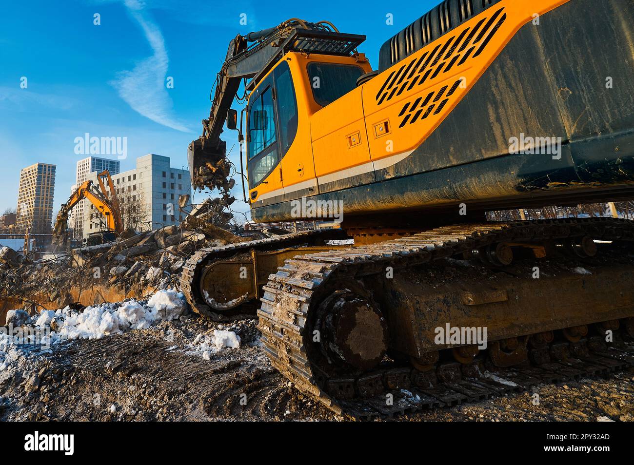 Crawler excavator bucket at process of dismantling closeup Stock Photo ...