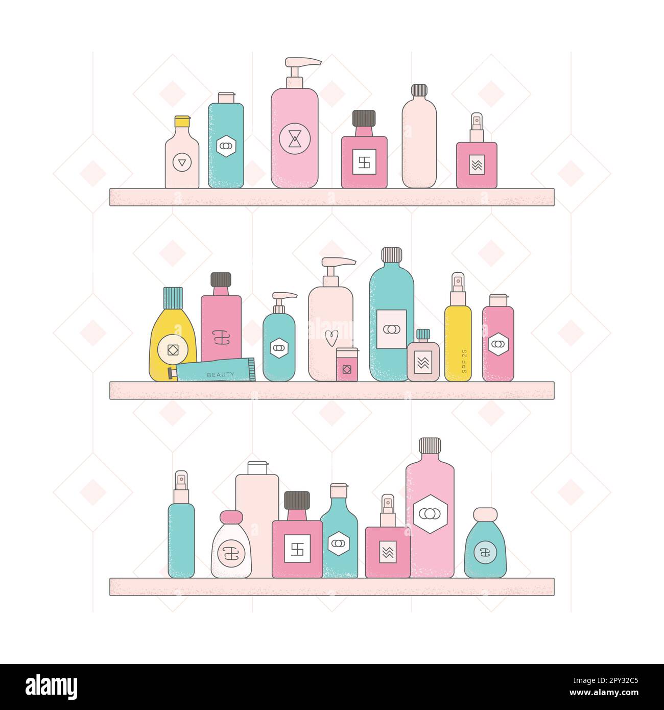 Bright cartoon cosmetic bottles, jars on shelves. Cute face cream tubes ...