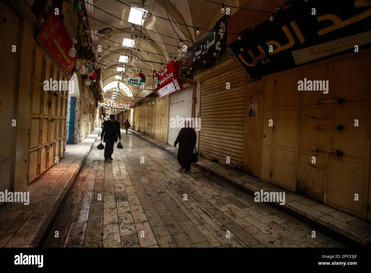 Jenin, Palestine. 02nd May, 2023. General view of closed shops during a ...