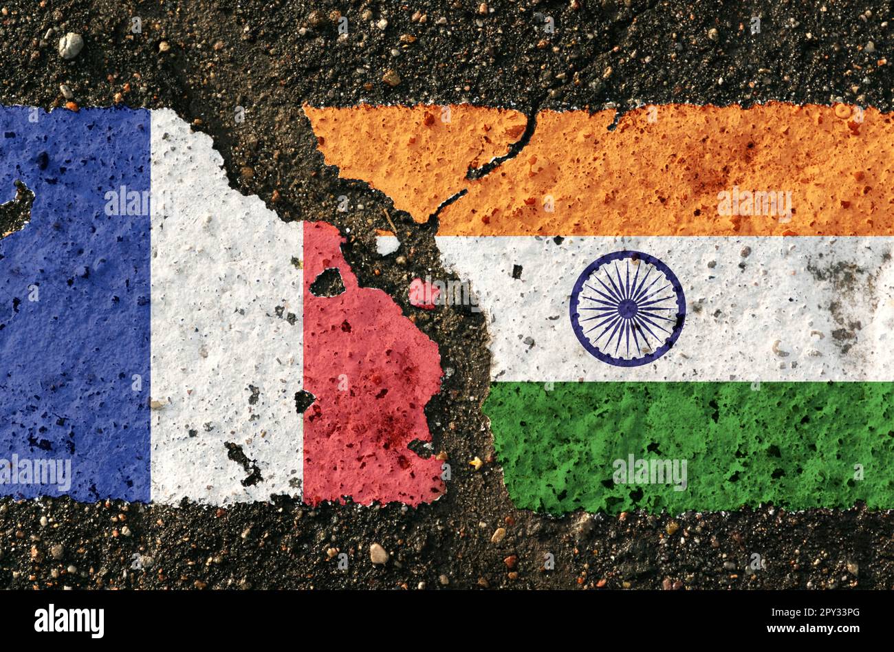 On the pavement are images of the flags of France and India, as a ...
