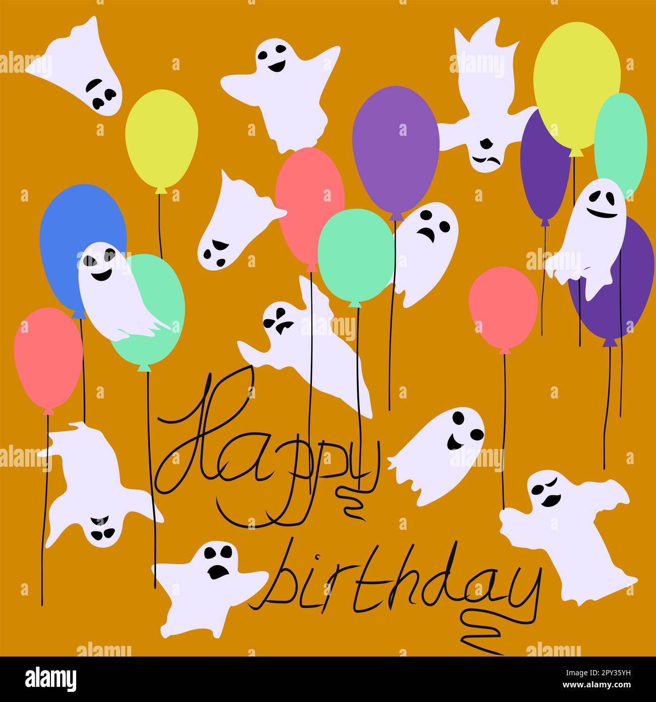 happy birthday card with funny little ghosts and balloons Stock Photo ...