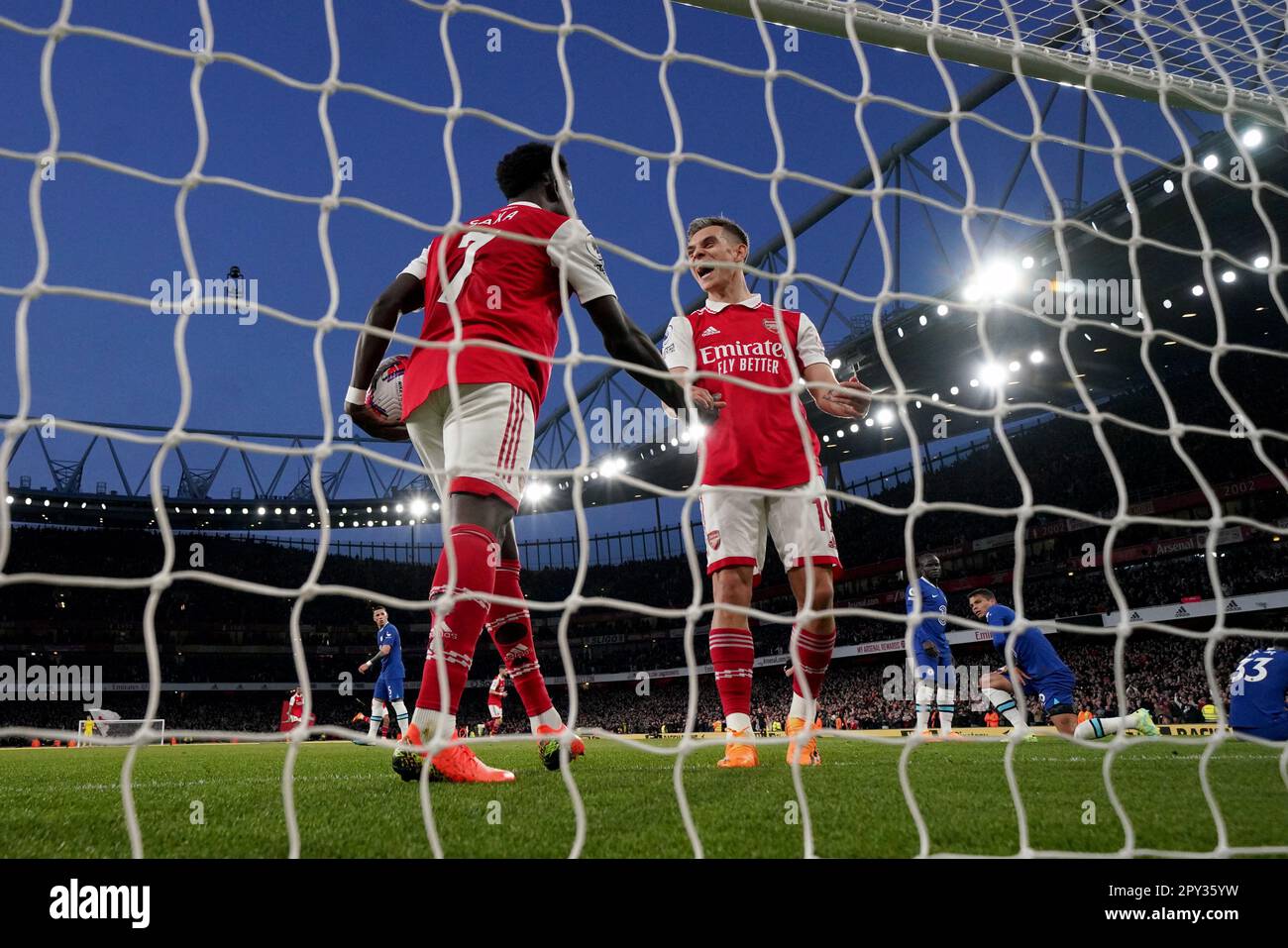 Arsenal’s Leandro Trossard (right) and Arsenal’s Bukayo Saka celebrate ...