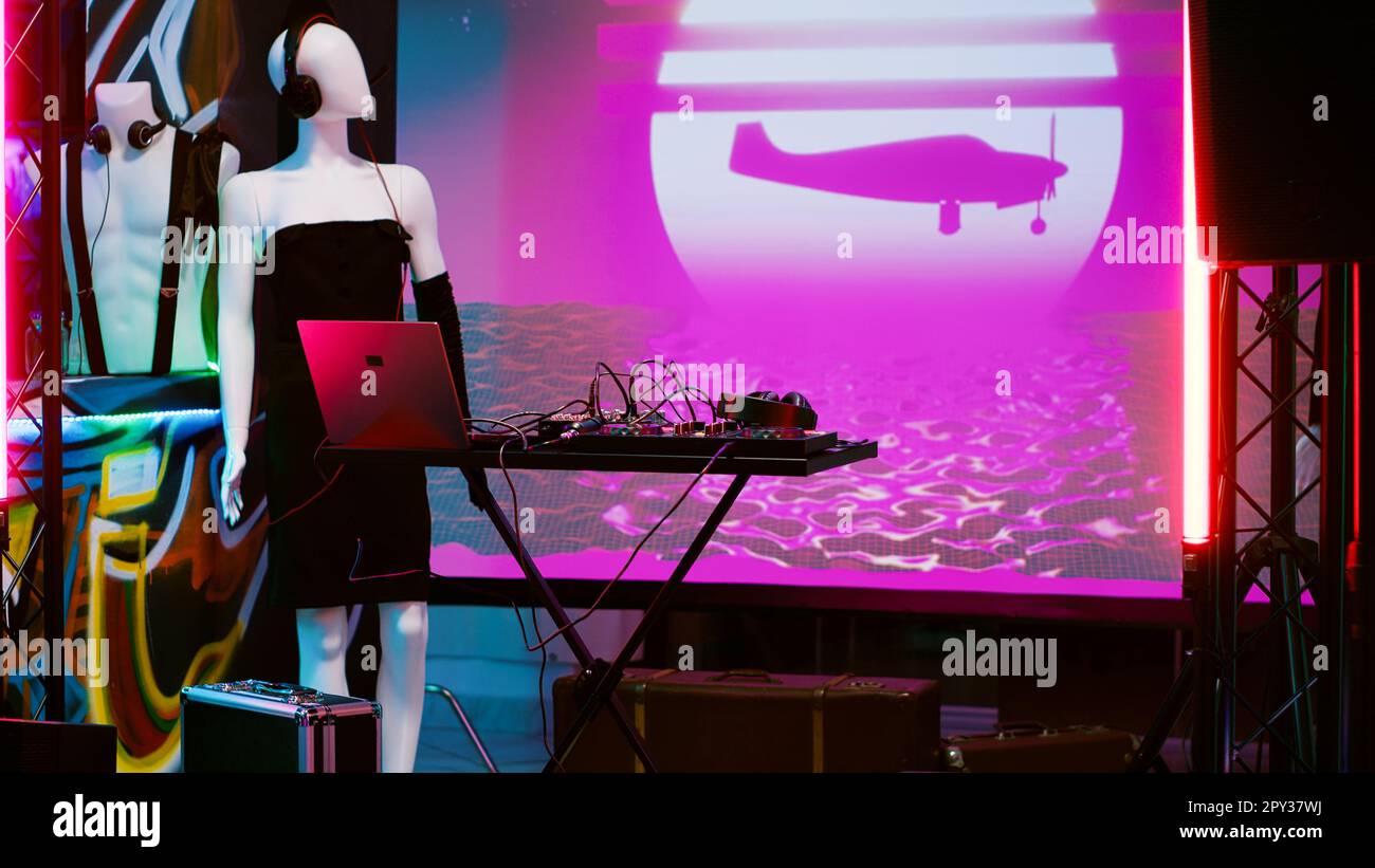 Mixing dj stereo panel at nightclub, empty dance floor and bar with ...