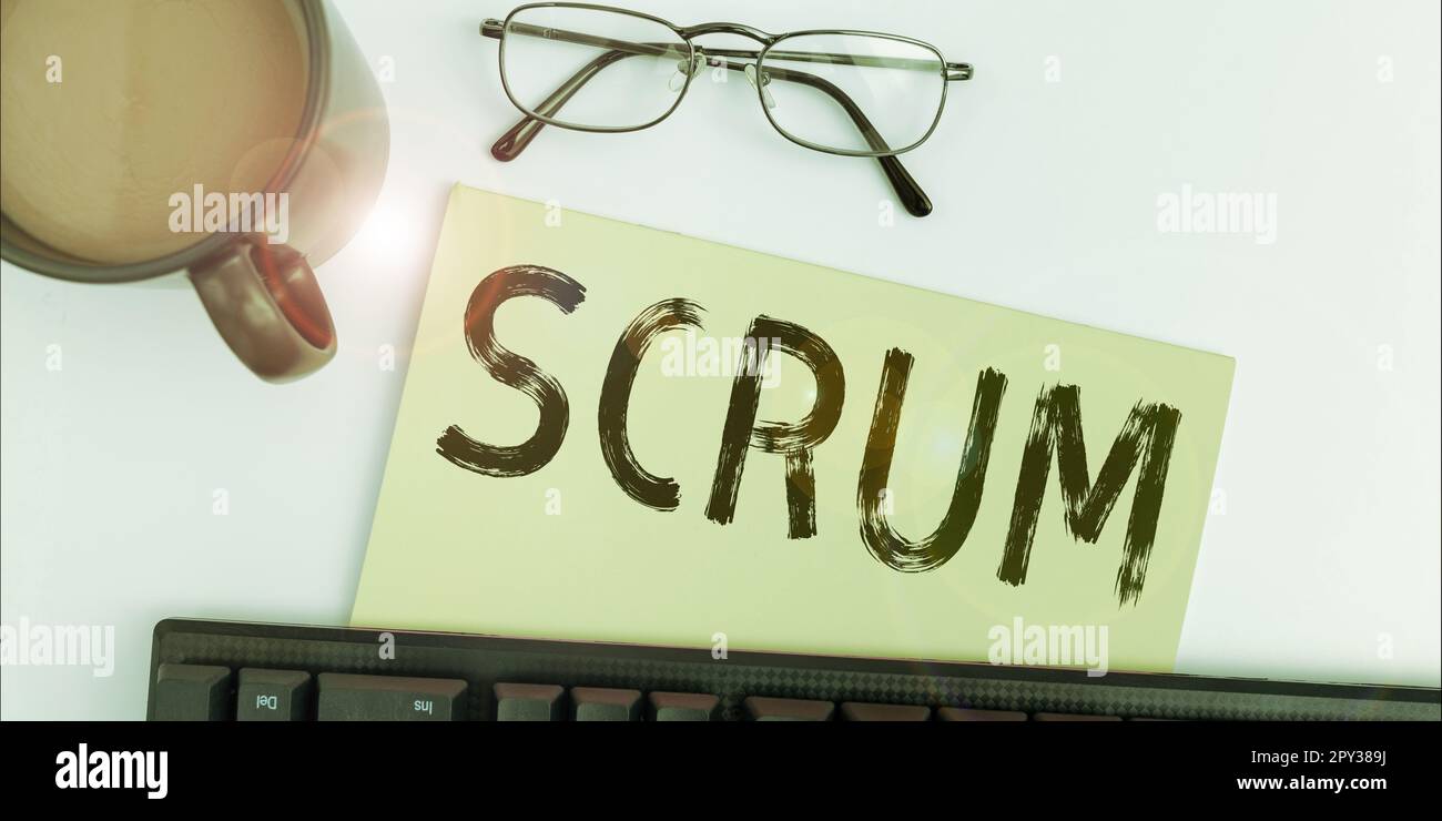 Text caption presenting Scrum, Business overview handwriting as distinct from print written ...