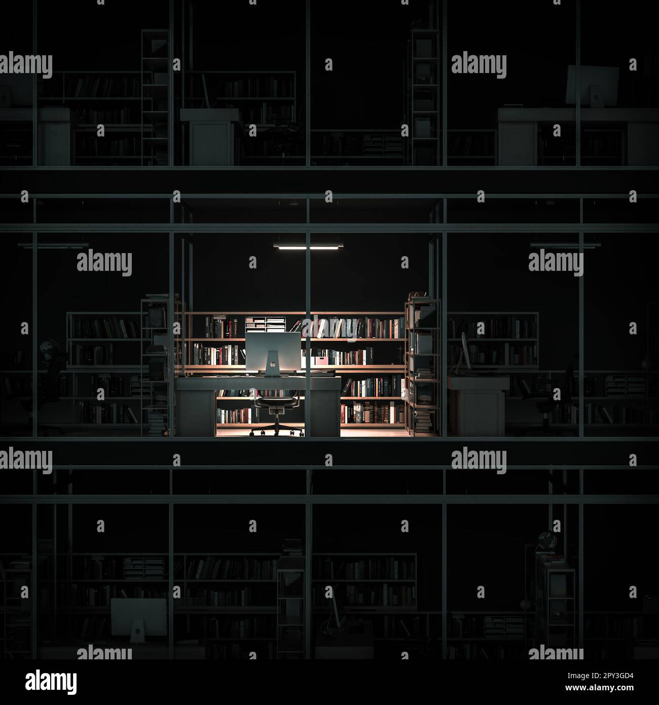 large window with one illuminated office. 3d render Stock Photo - Alamy