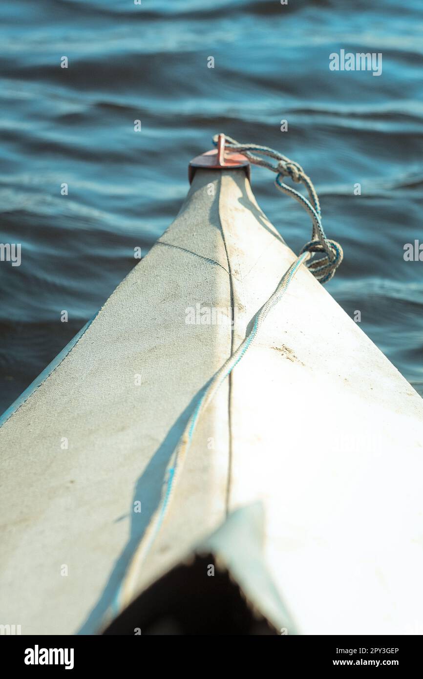 Close up boat bow concept photo. Vessel floating in water. Ship sailing ...