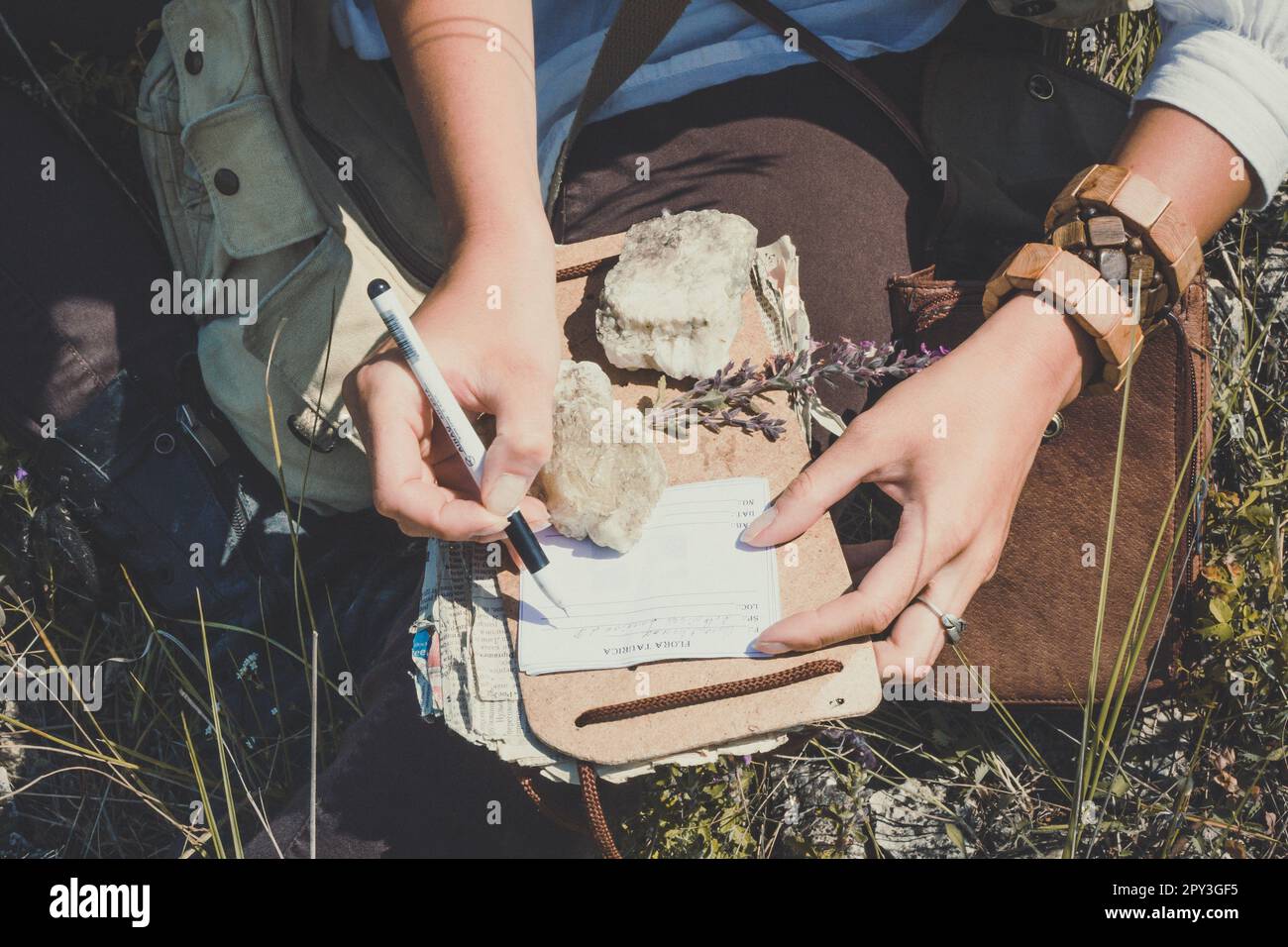 Close up wandering adventurer through woods concept photo. Front view ...