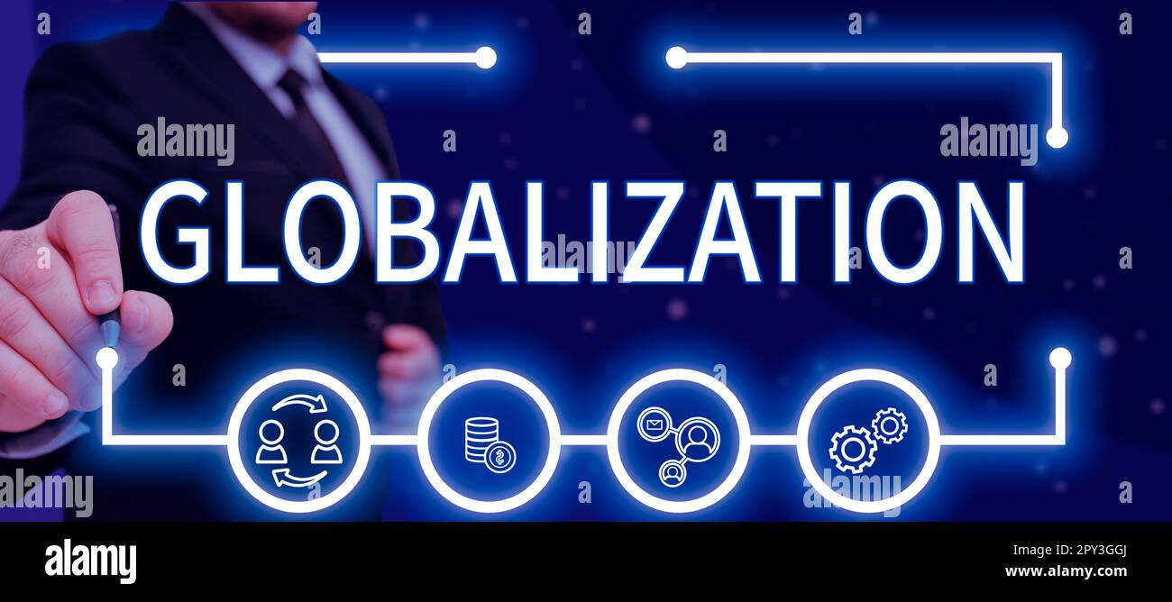 Hand writing sign Globalization, Business idea development of an ...