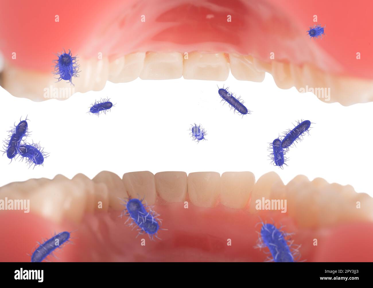 Opened mouth full of flying viruses and bacteria Stock Photo - Alamy