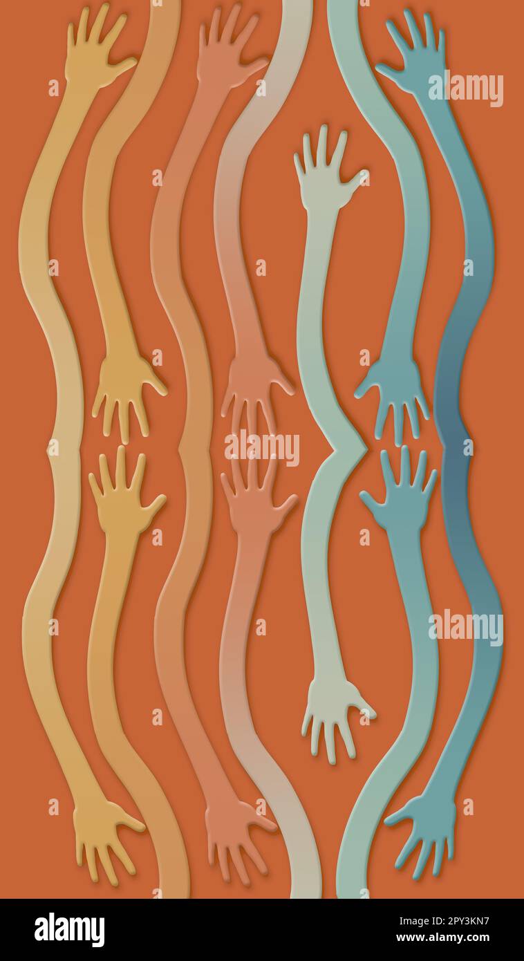 Human hands with long curving arms reach across this 3-d illustration ...