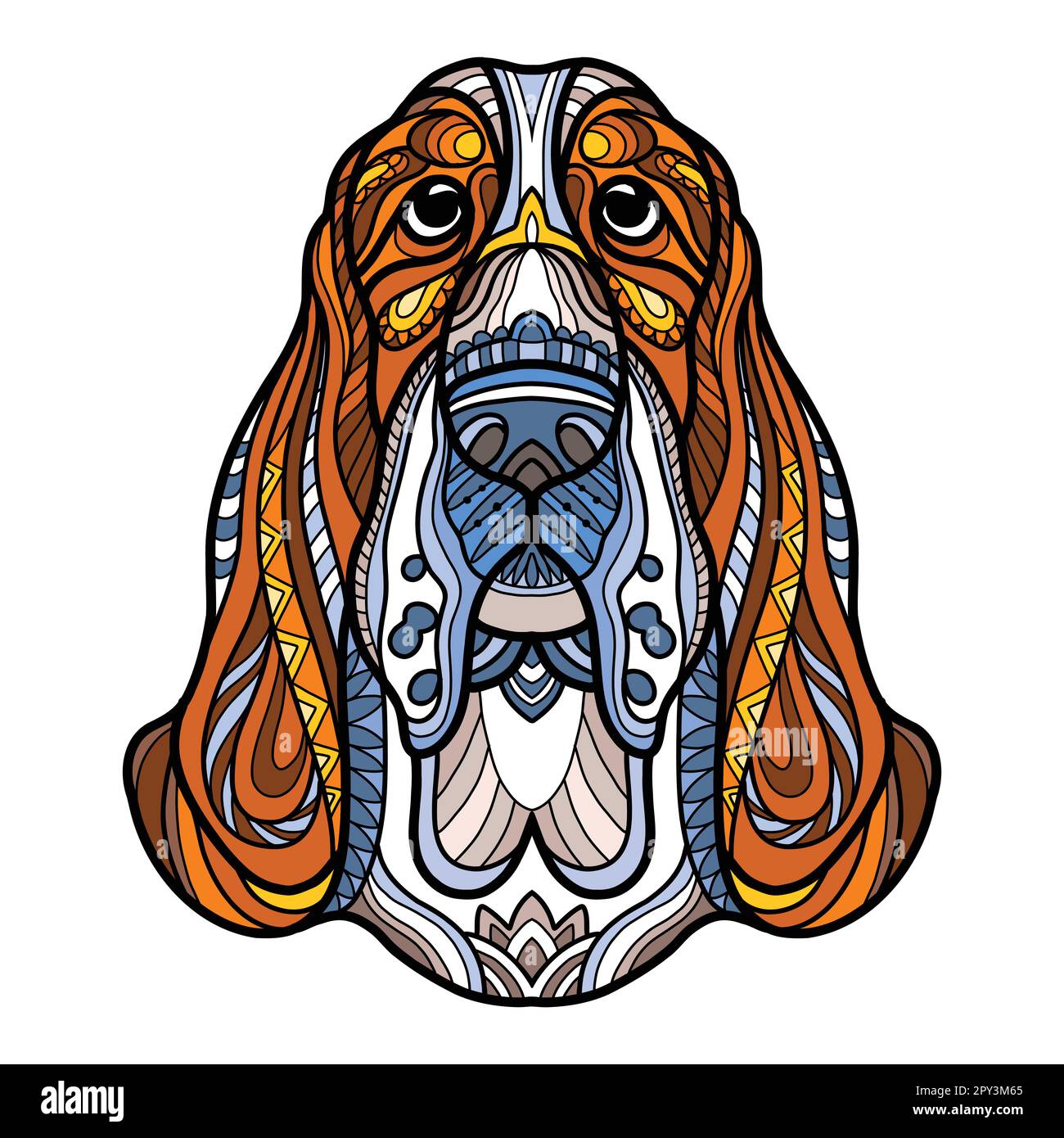 Basset hound head dog color tangle doodle vector illustration Stock ...