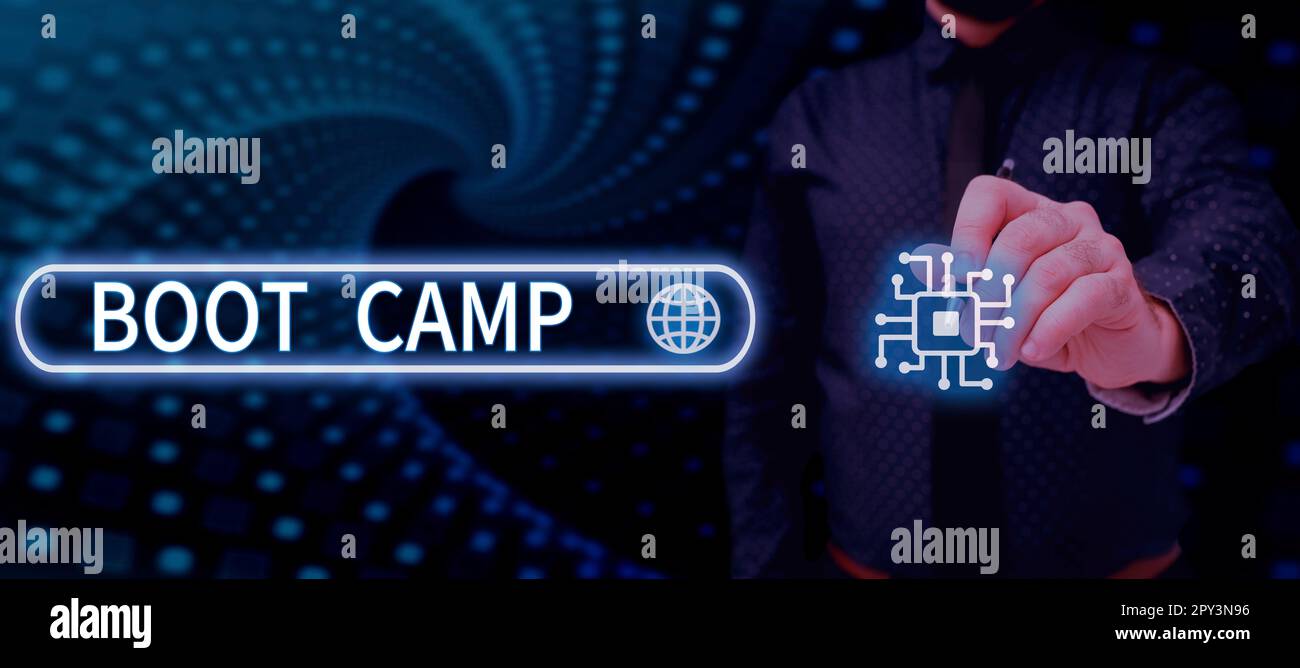 Conceptual caption Boot Camp, Word Written on Military training camp ...