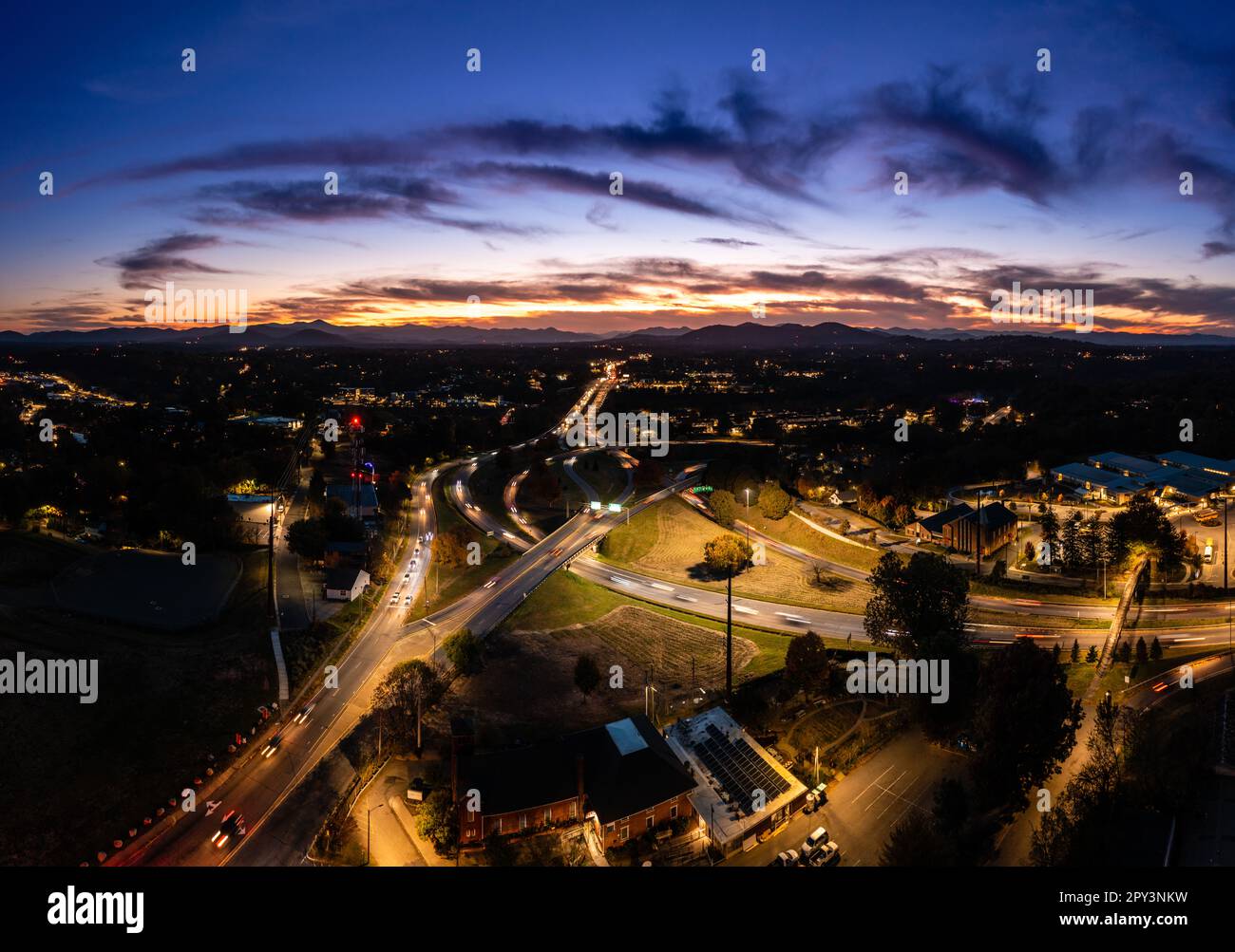 Scenic aerial view of sunset over Smoky Mountains from Asheville, North ...