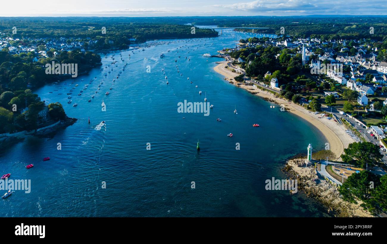 Aerial view of the mouth of the river Odet in Bénodet, a seaside resort ...