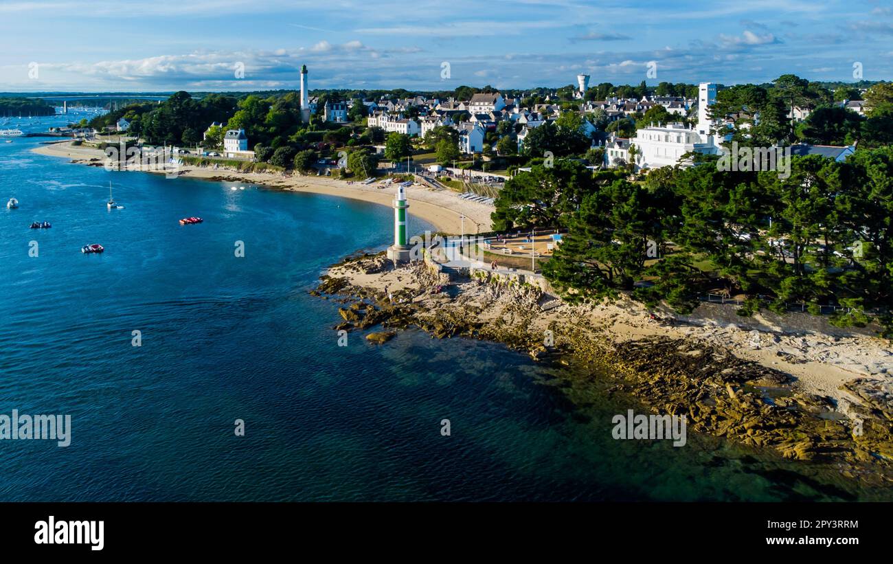 Aerial view of the Le Coq lighthouse at the mouth of the river Odet in ...