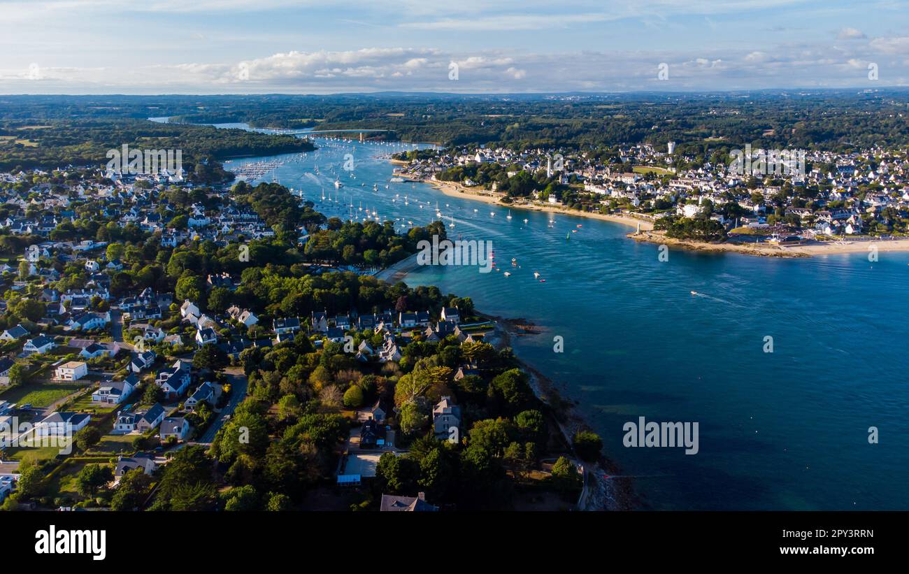 Aerial view of the mouth of the river Odet in Bénodet, a seaside resort ...