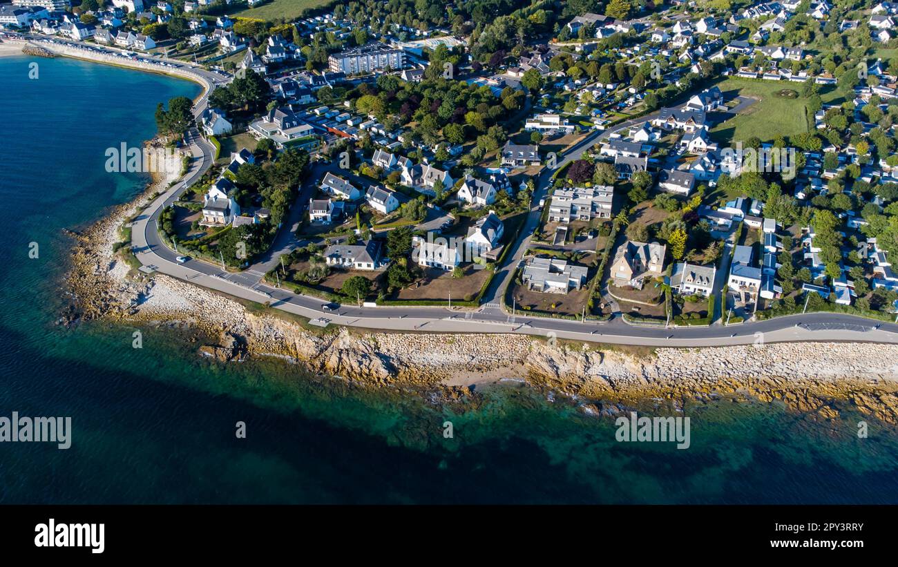 Aerial view of Breton holiday homes in Bénodet, a seaside resort town ...