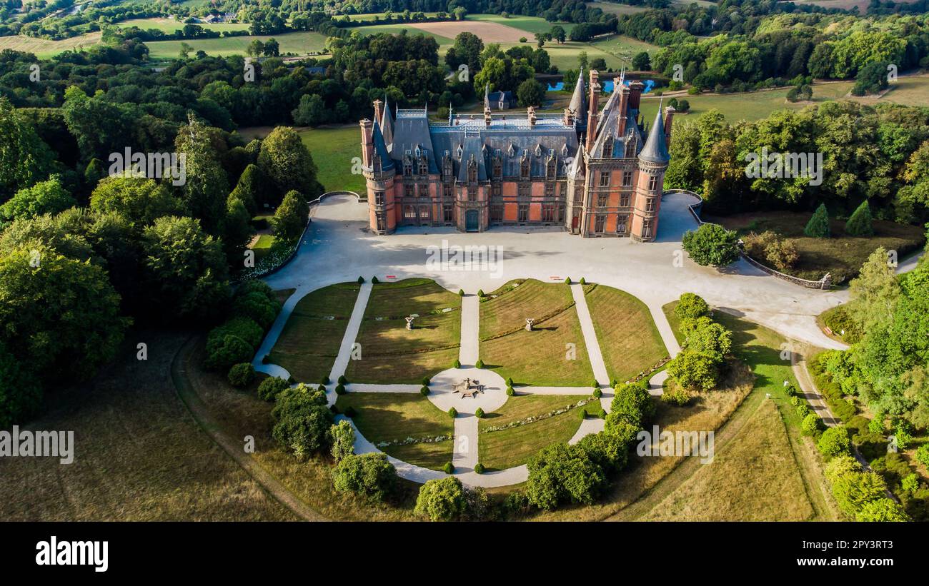 Aerial view of the Castle of Trévarez in Brittany, France - Red brick ...
