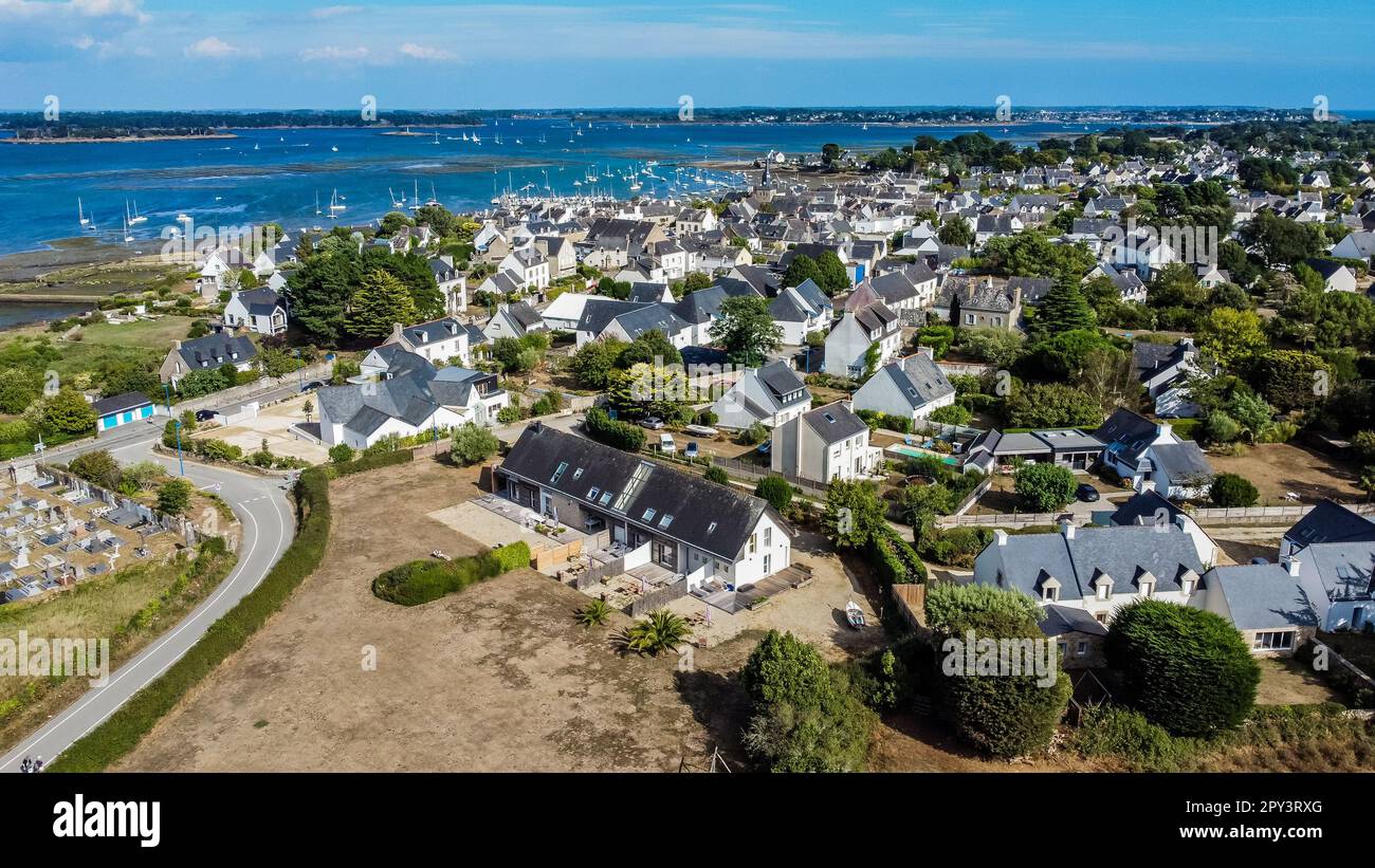 Aerial view of the seaside village of Locmariaquer near Carnac in ...