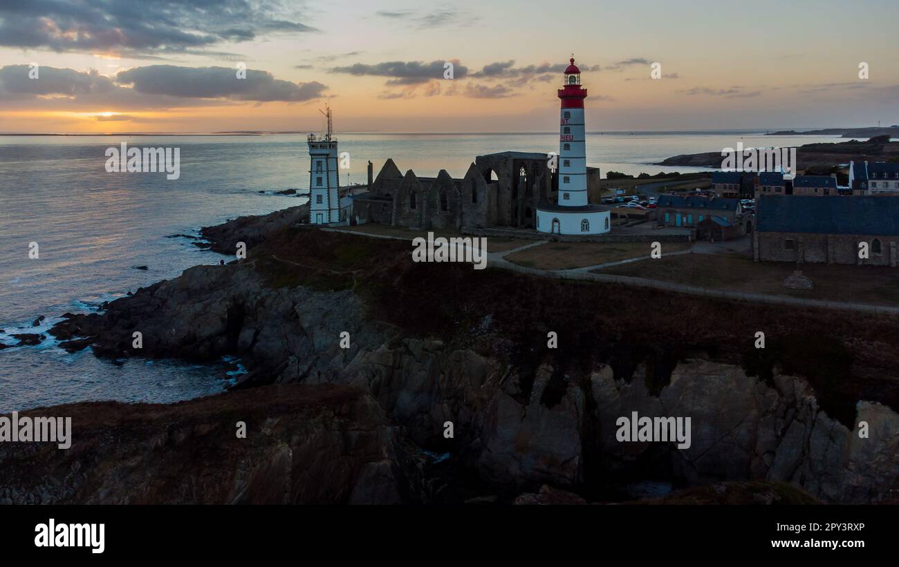 Aerial view of the lighthouse of the Pointe Saint Mathieu facing the ...