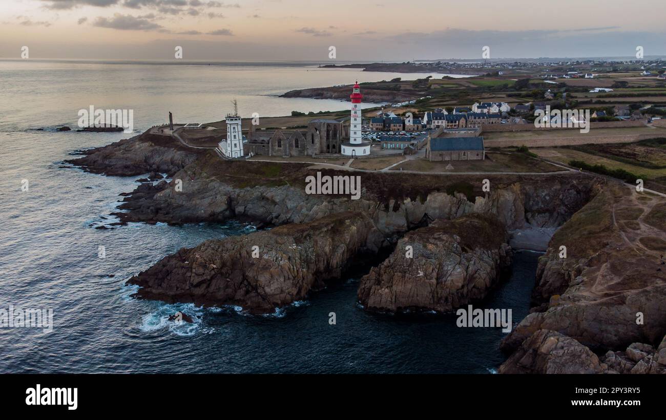 Aerial view of the lighthouse of the Pointe Saint Mathieu facing the ...