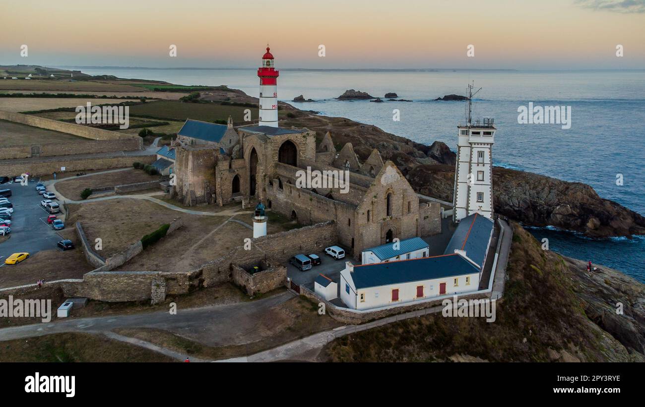Aerial view of the lighthouse of the Pointe Saint Mathieu facing the ...