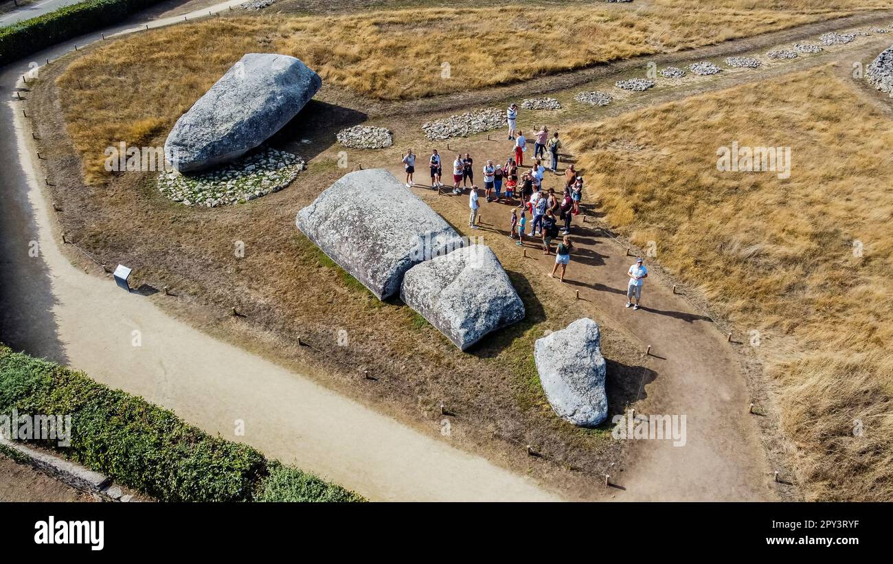 Aerial view of the Locmariaquer megalithic site near Carnac in Brittany ...
