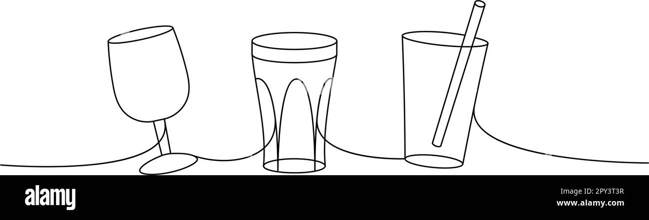 Set of glass cups one line continuous drawing. Empty glass cups ...