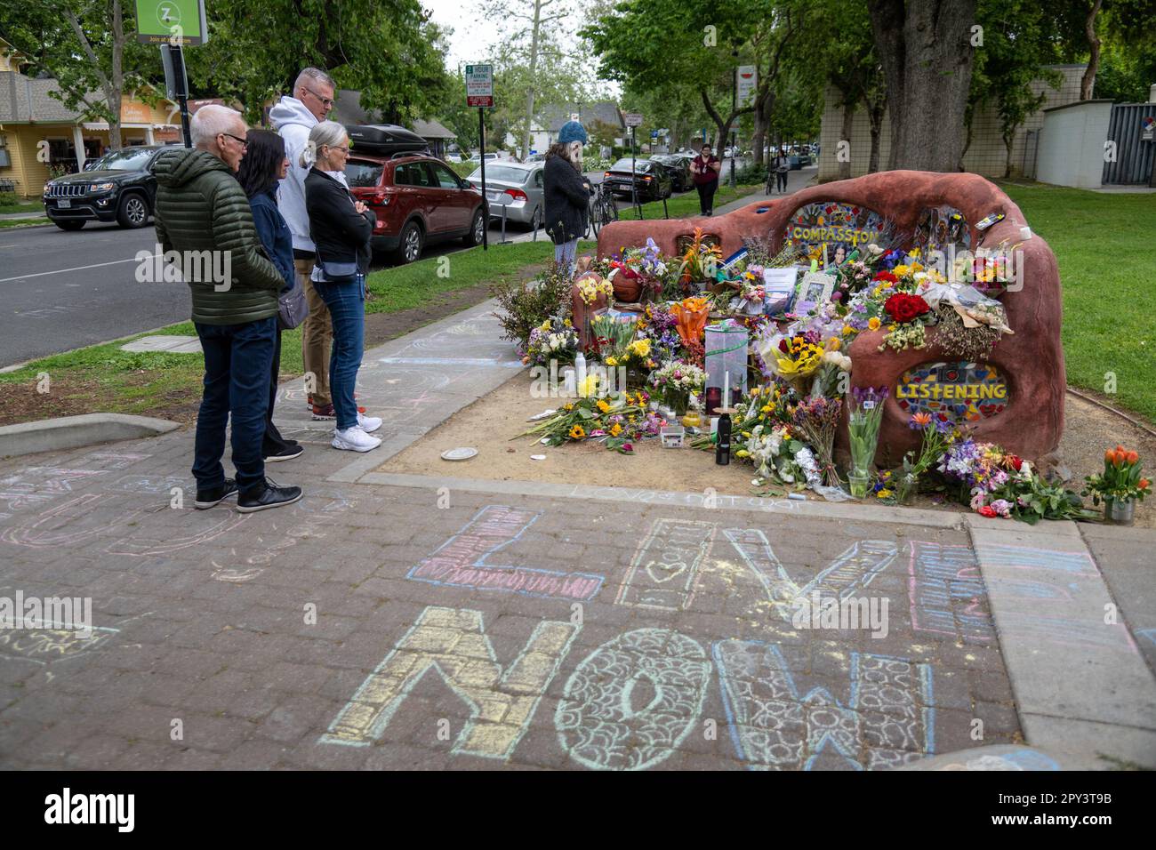 Davis, CA, USA. 1st May, 2023. People view a memorial set up at the ...