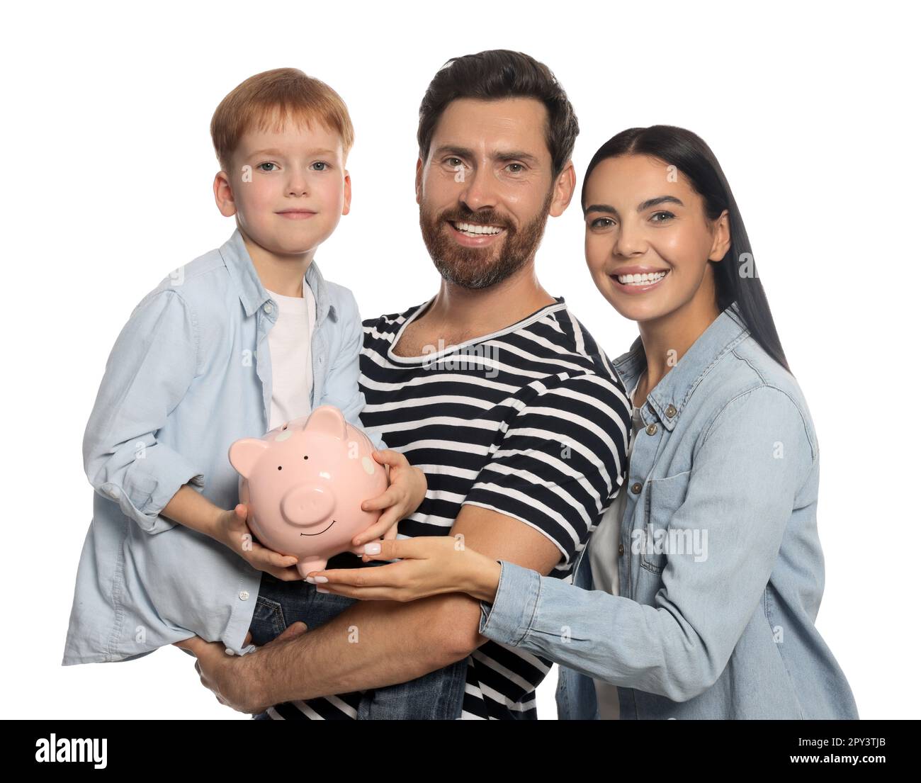 Happy family with ceramic piggy bank on white background Stock Photo ...